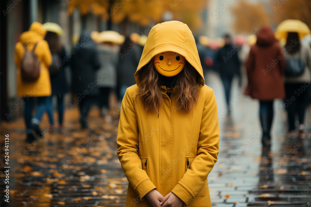 With yellow smiling emoji or smiley instead teenager girl's head ...