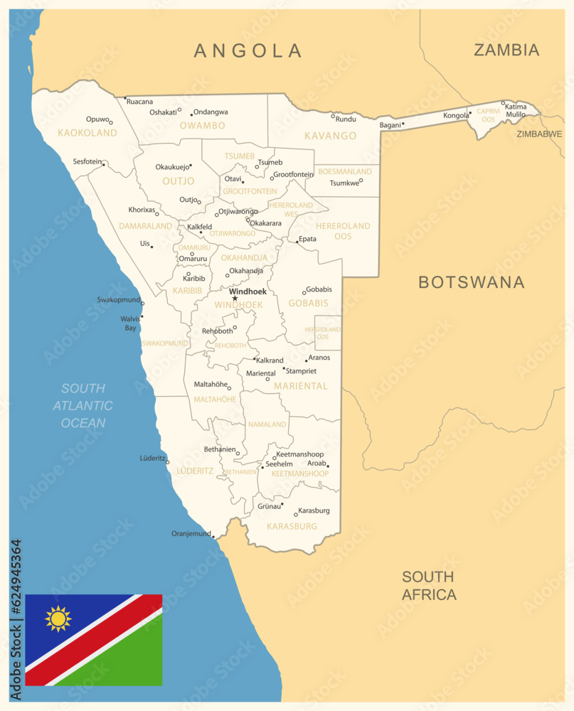 Namibia - detailed map with administrative divisions and country flag ...