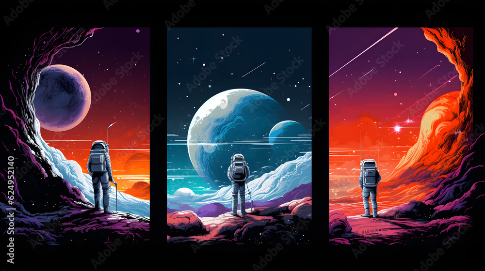 Space, science fiction, future. Vector illustrations of astronaut ...