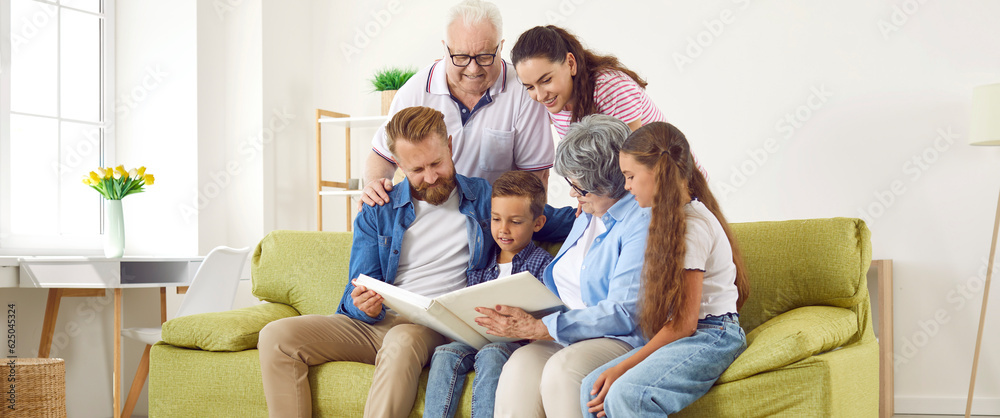 Lovely happy smiling big family with parents, kids, grandparents ...