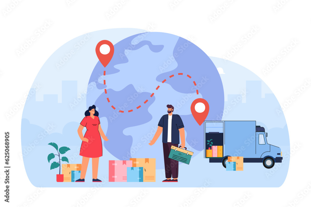 People packing boxes to move abroad vector illustration. Man and woman ...