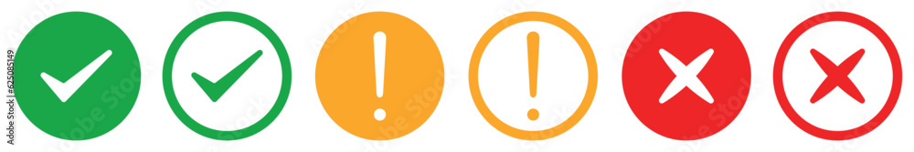 Vector set of round check mark, exclamation signs, X mark icons. Cross ...