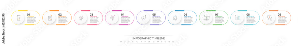 Line vector minimal infographic with nine circles. Modern timeline ...