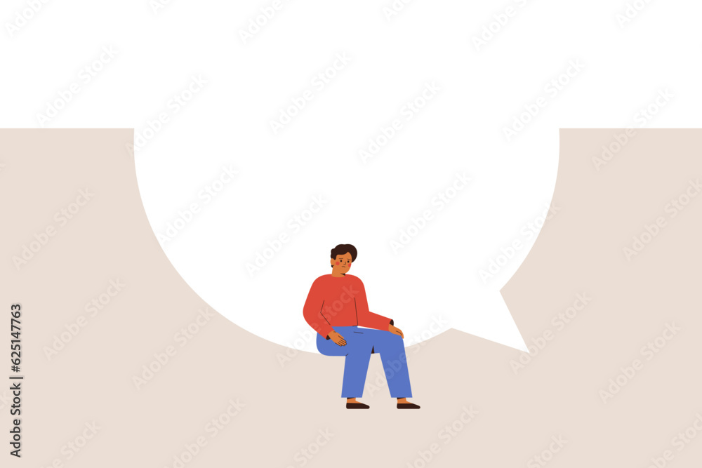 Difficult communications. Sad man sits on the edge of big speech bubble ...