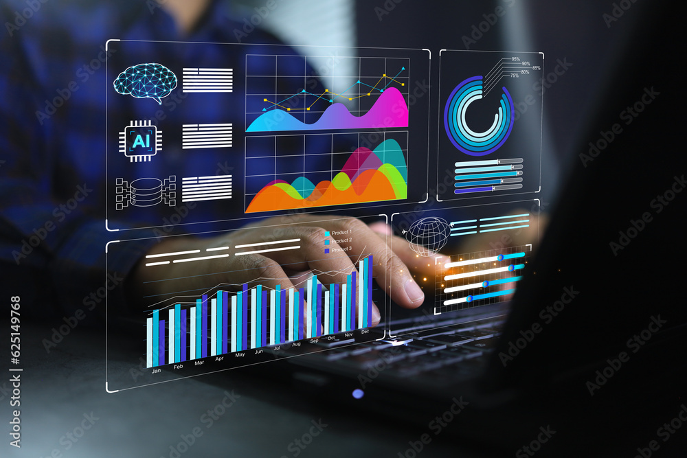 Foto de Stock Businessman or data scientist working on laptop with ...