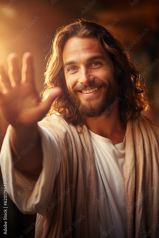 Jesus Christ smiling and reaching out defeating the enemy and calling the sinner to repentance ...