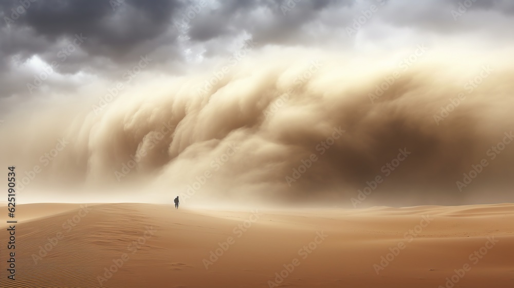 Man going into sandstorm. Dramatic sand storm in desert. Digital art ...