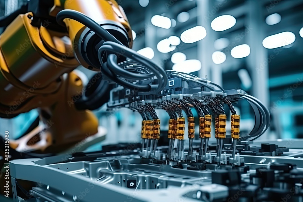 Orange Robotic arm manufacturing Electric vehicle battery at a giga ...