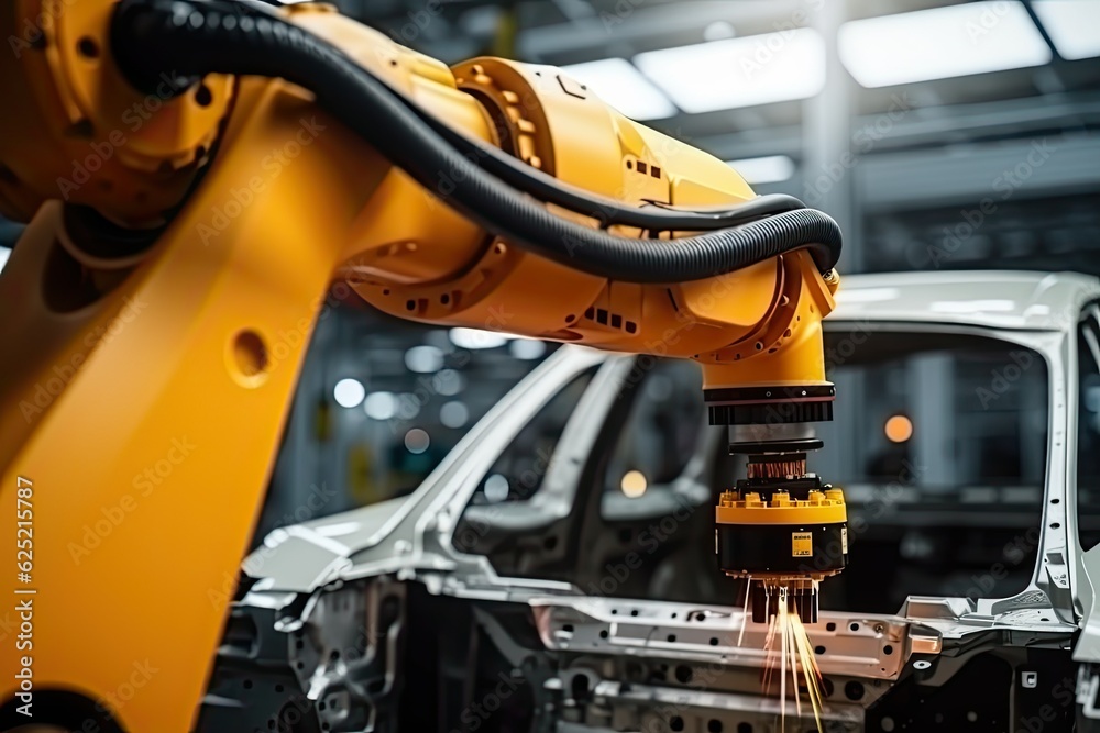 Orange Robotic arm manufacturing Electric vehicle battery at a giga ...