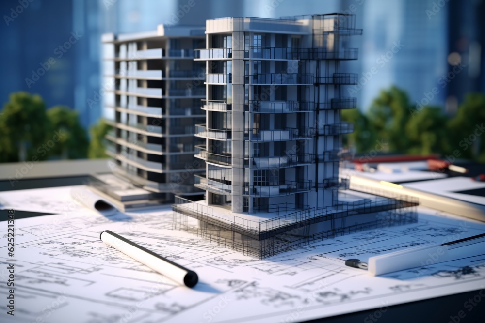 House model with blueprints on desk. Real estate development concept ...