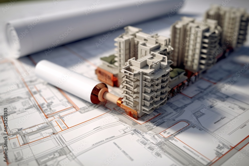 House model with blueprints on desk. Real estate development concept ...
