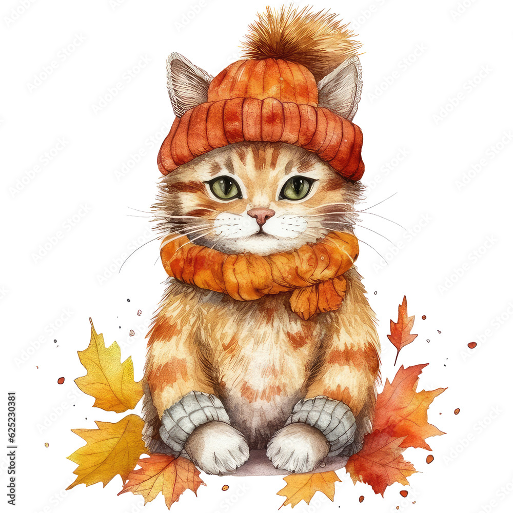 Celebrating Autumn with a Cute Kitten: Colorful Watercolor Clipart and ...
