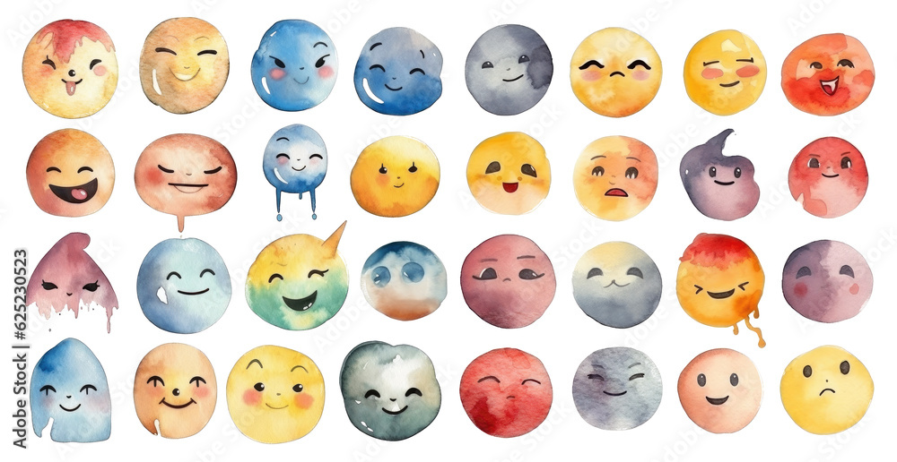 Collection of emoticons, smiley faces painted with watercolor. Set ...