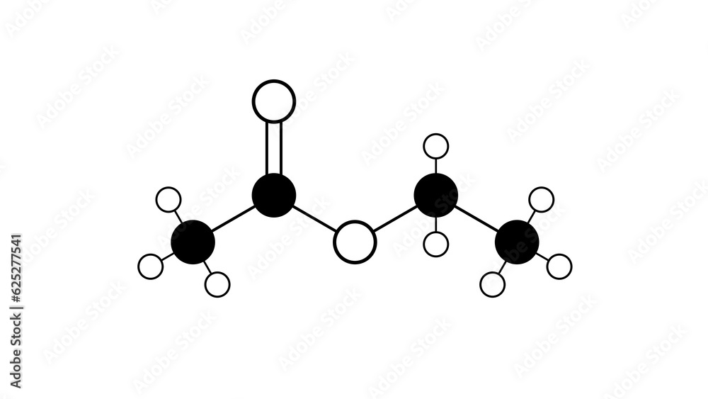 ethyl acetate molecule, structural chemical formula, ball-and-stick ...