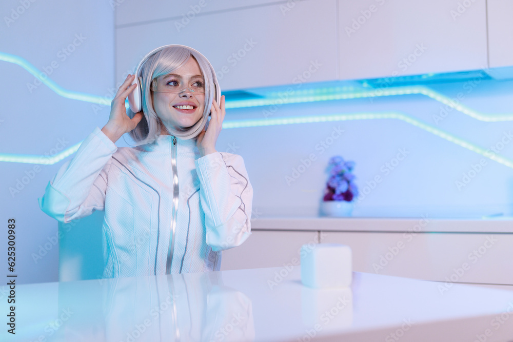 Woman in futuristic costume. Female in modern VR glasses interacting ...