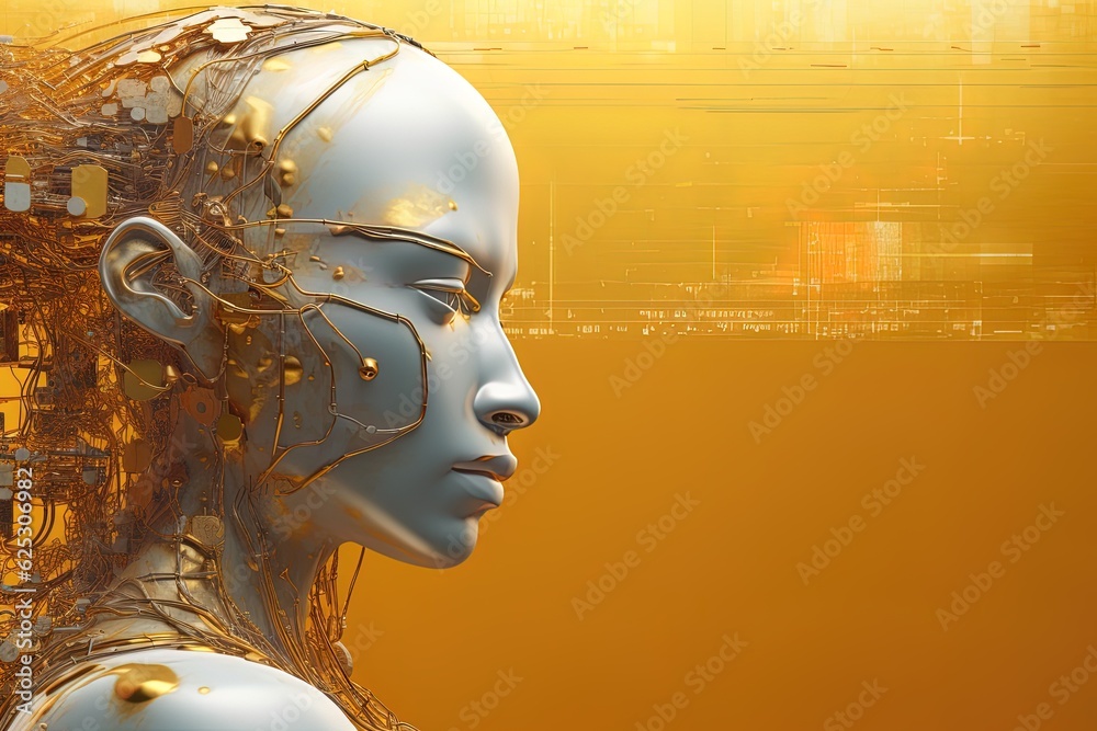 Female AI robot, cyborg face on data golden background. Data processed by humanlike artificial ...