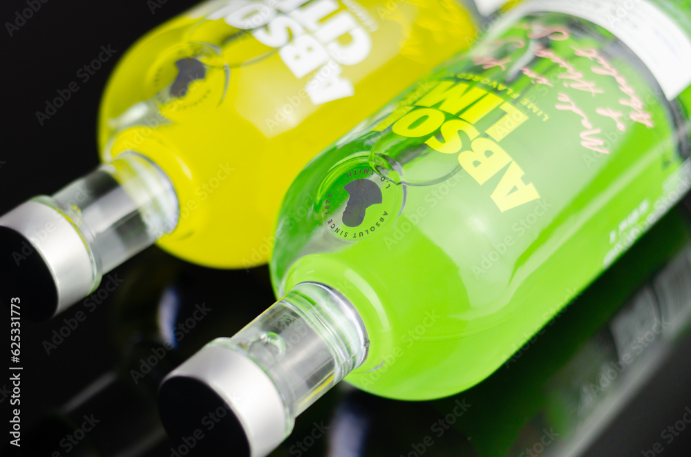 LONDON, UK - 11 JULY 2023 Absolut Vodka Lime and Absolut Vodka Citron ...