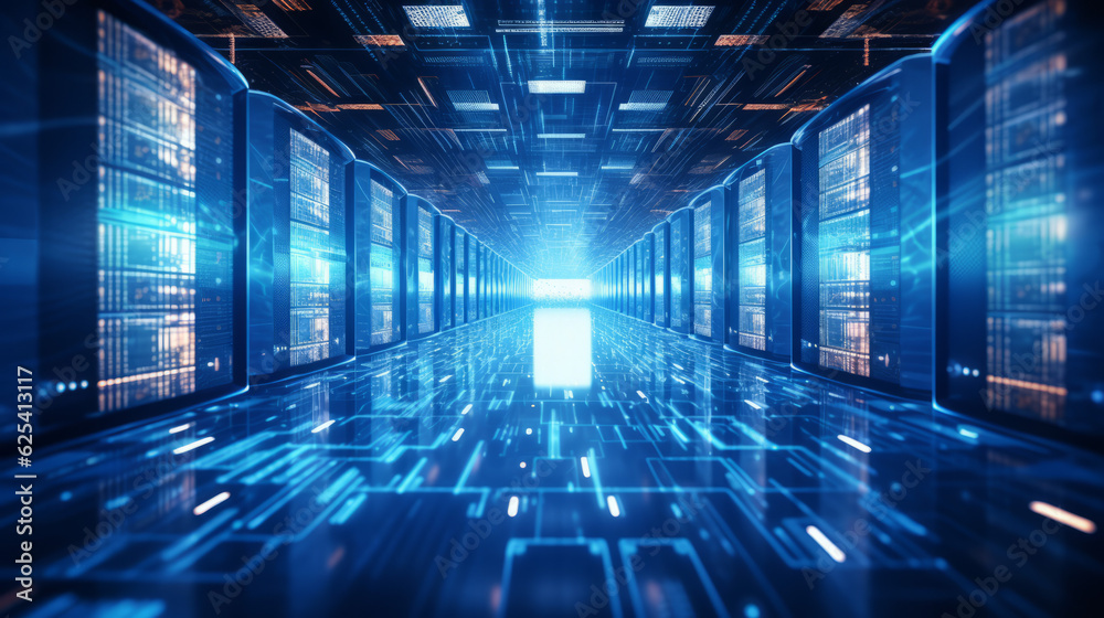 A bustling data center with rows of servers, showcasing the vast amount ...