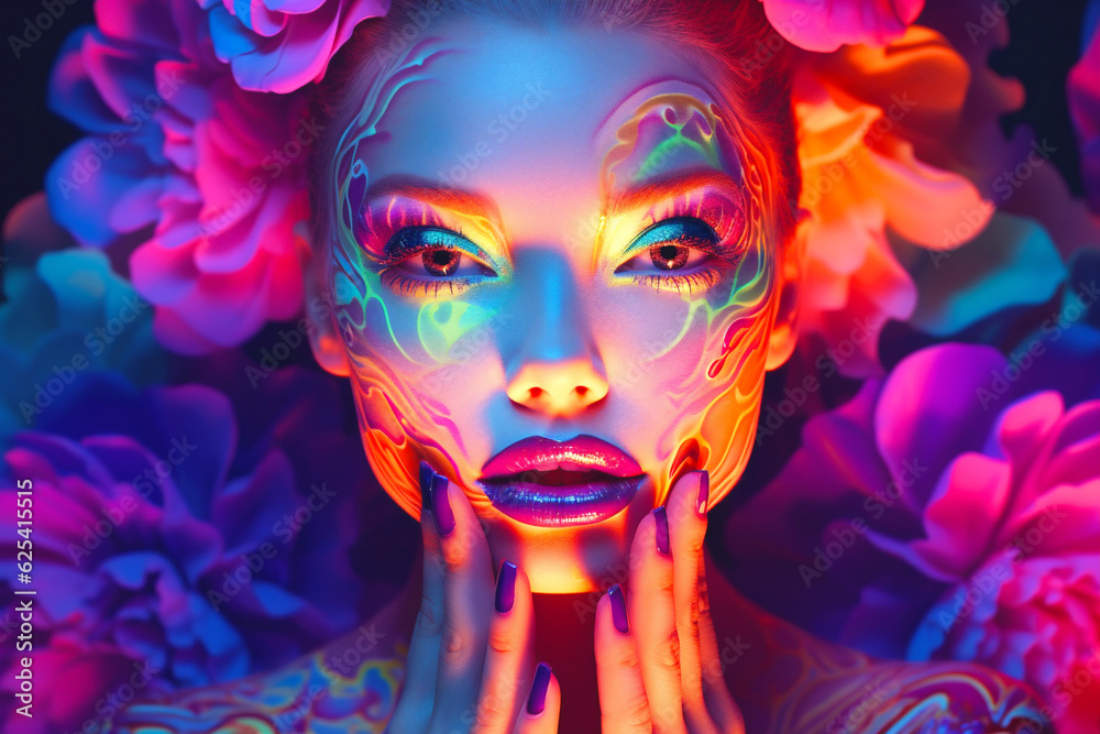 Fashion model woman face with fantasy art make-up. Bold makeup, glance ...