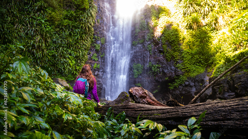 adventurous hiker girl standing in front of large tropical waterfall ...