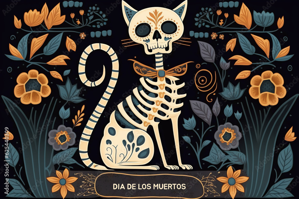 Generative AI. Calavera cat. Cat sugar skull in floral ornament. Clip ...