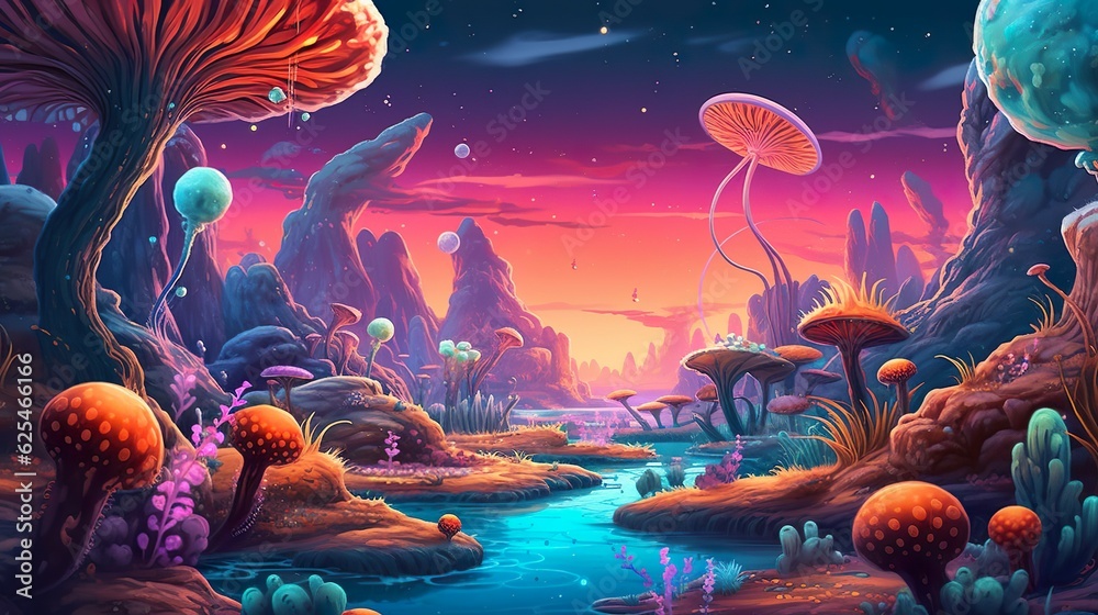 Abstract background space planets with magical creatures. An ...