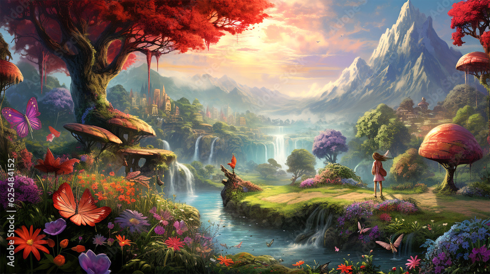 Enchanted landscape, fantasy world with magical garden. A little girl ...