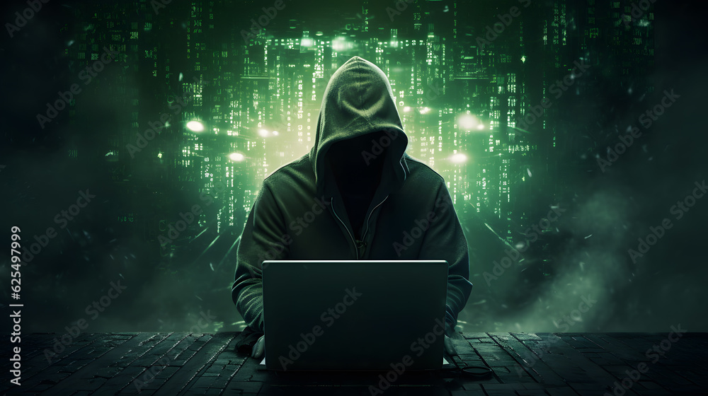 Cyber security concept. Cyber crime hacker with laptop. Abstract binary code digital interface ...