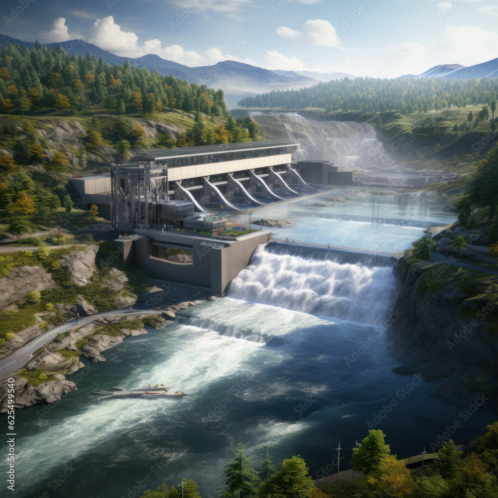 River hydroelectric power plant, with turbines harnessing the natural ...