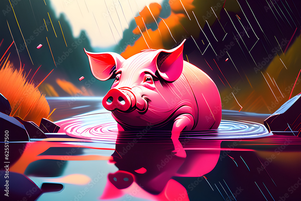 Draw a pig in the river on a rainy day Stock Illustration | Adobe Stock