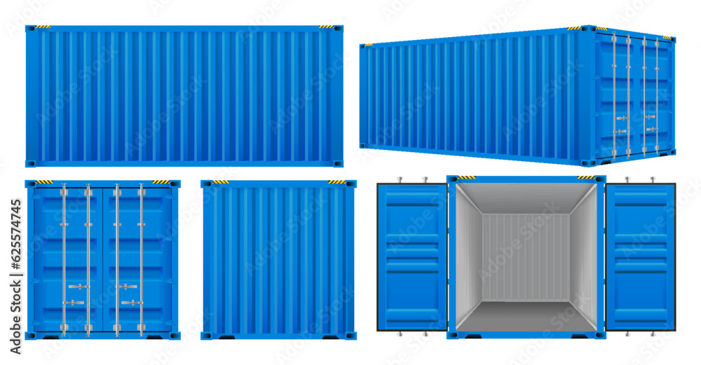 Logistic cargo containers. Front, side back and perspective view ...