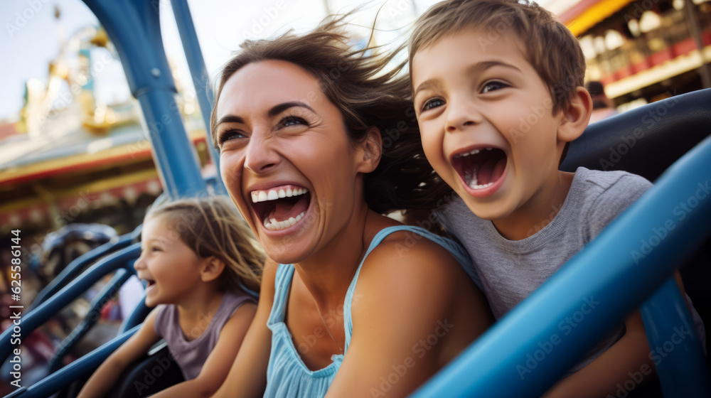 Mother and two children family riding a rollercoaster at an amusement ...