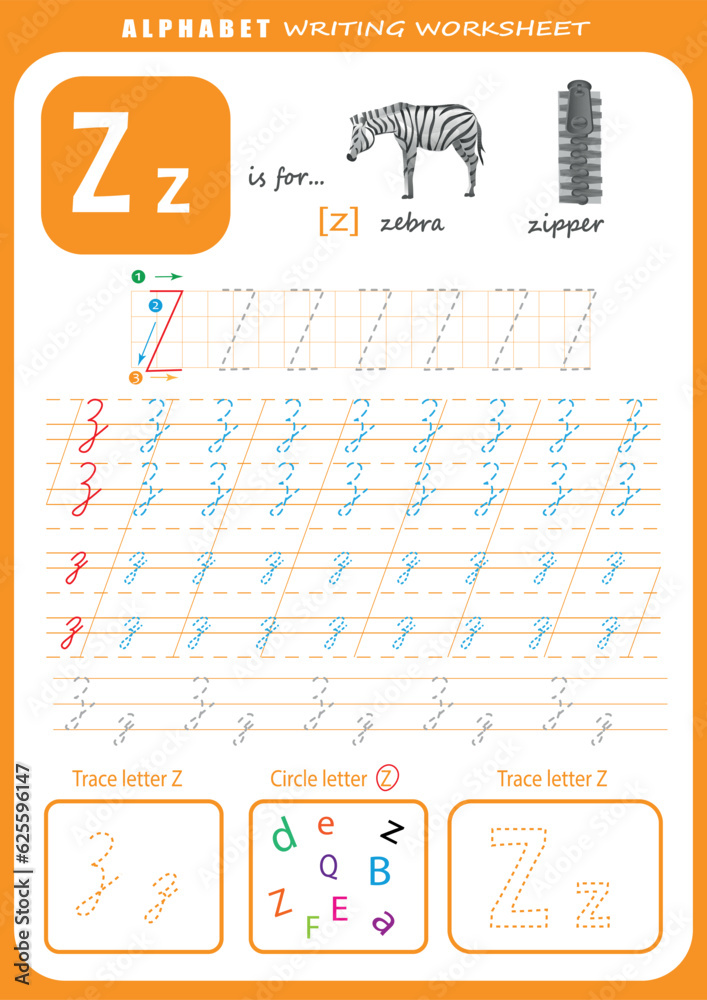 Z letter handwriting practice worksheet. Alphabet letter tracing ...