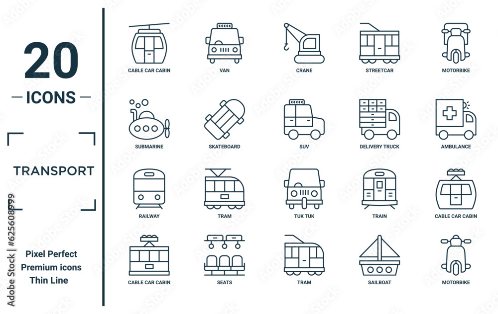 transport linear icon set. includes thin line cable car cabin, submarine, railway, cable car ...