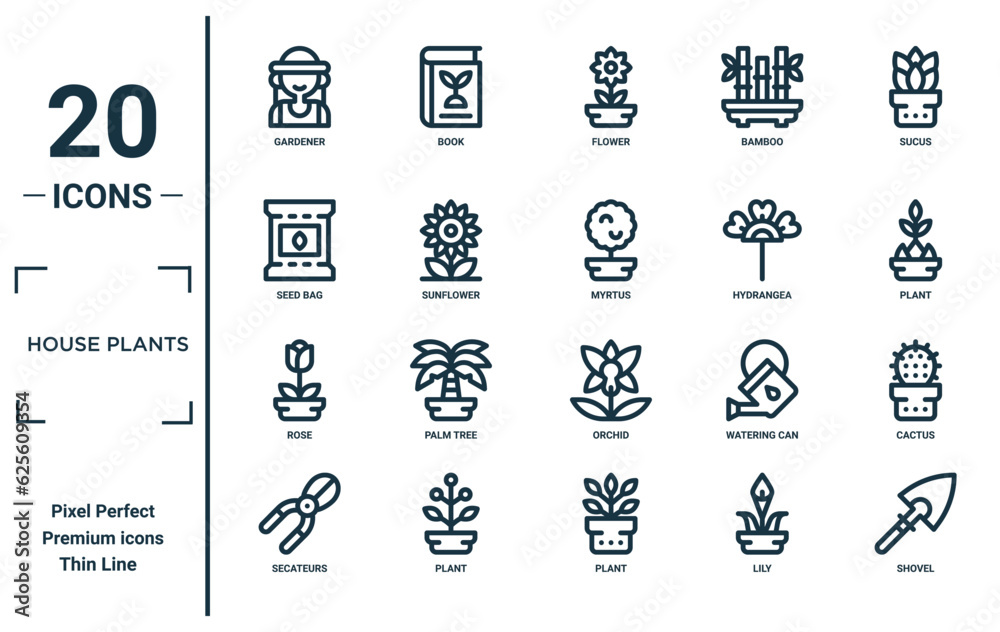 house plants linear icon set. includes thin line gardener, seed bag ...