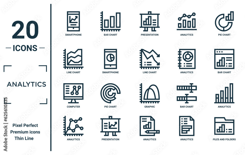 Image vectorielle Stock analytics linear icon set. includes thin line smartphone, line chart ...