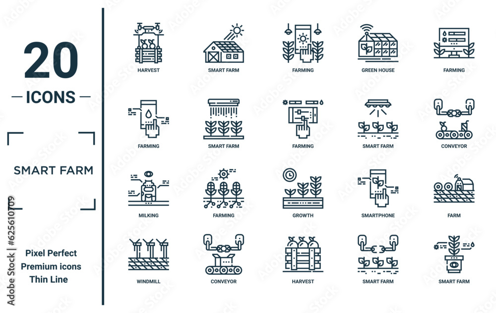 smart farm linear icon set. includes thin line harvest, farming ...