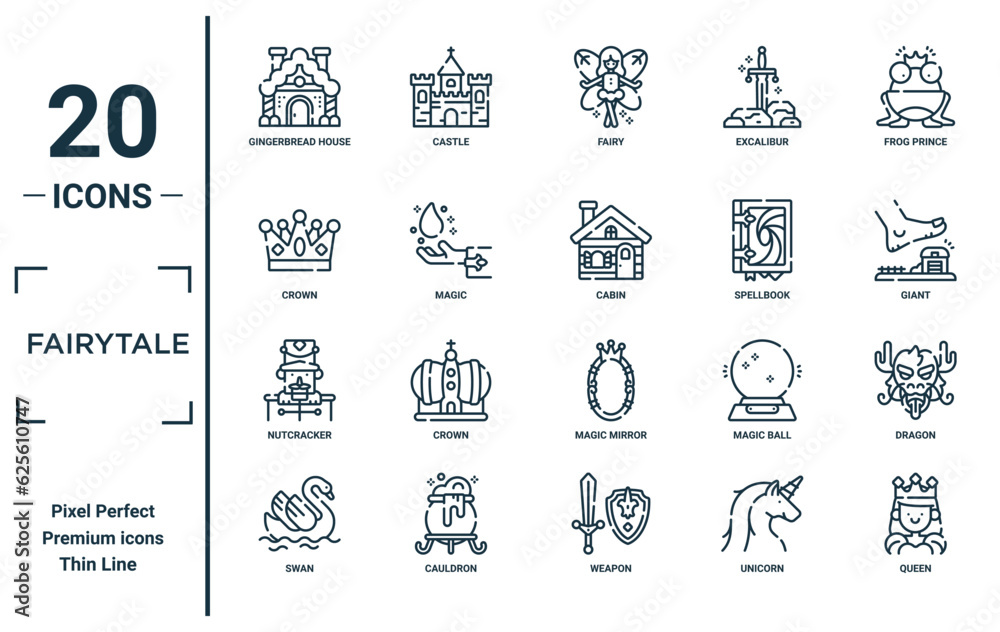 fairytale linear icon set. includes thin line gingerbread house, crown ...