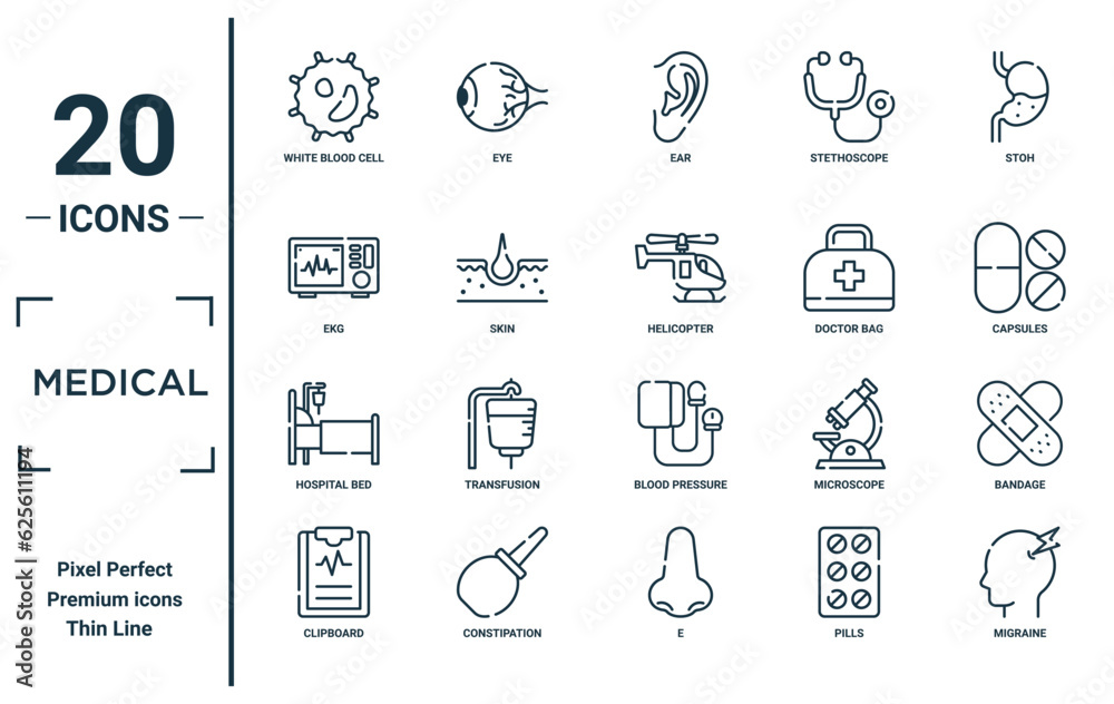 medical linear icon set. includes thin line white blood cell, ekg ...