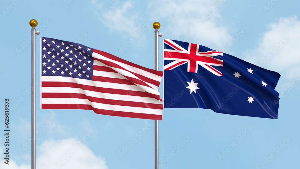 Waving flags of the United States of America and Australia on sky ...