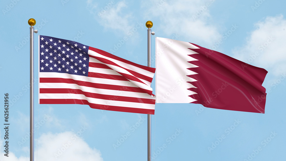Waving flags of the United States of America and Qatar on sky ...