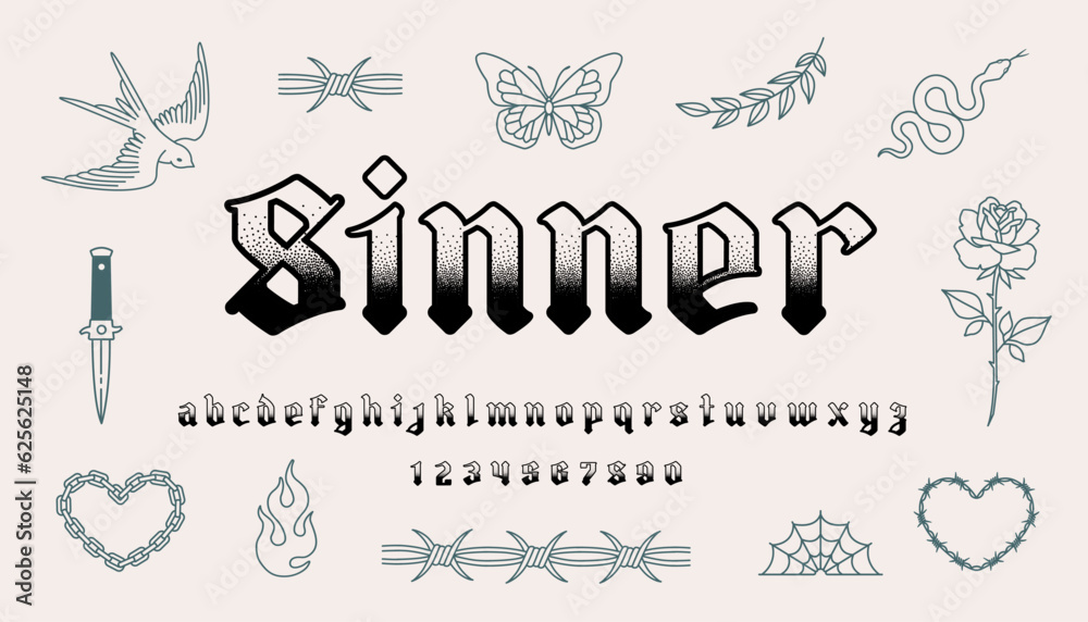 "Sinner" Y2k Neo Gothic tattoo art font type. Aesthetic 2000s gothic ...