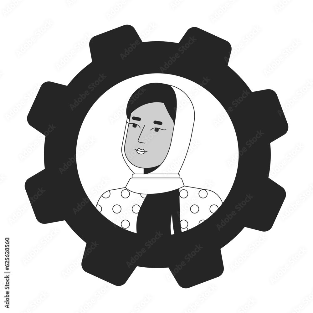 Female office worker in hijab black white cartoon avatar icon. Editable ...