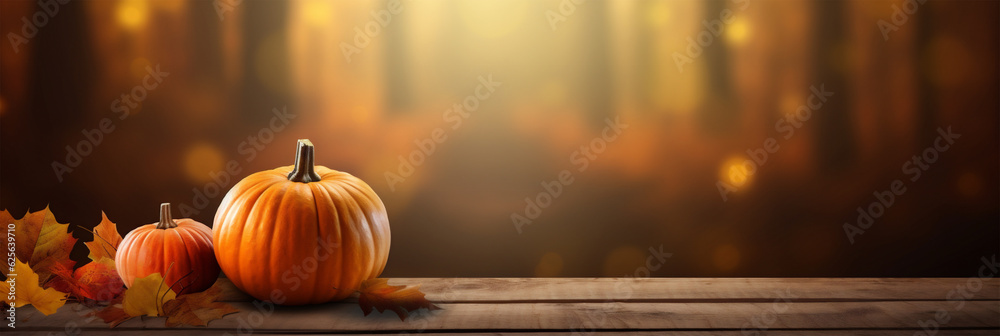 Pumpkins and autumn leaves on wooden planks with copy space, autumnal ...