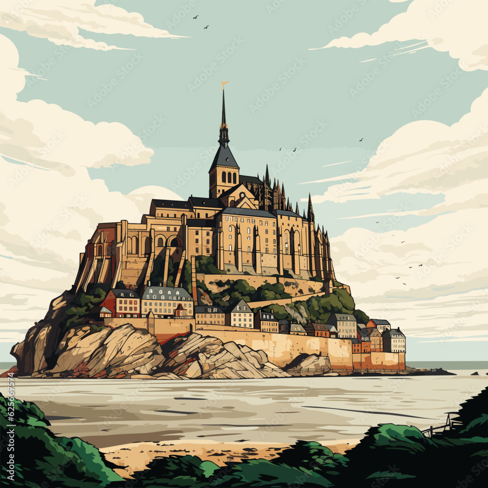 Mont Saint-Michel hand-drawn comic illustration. Mont Saint Michel ...
