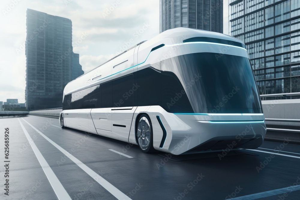 Futuristic and electric bus truck with glowing elements on a city ...