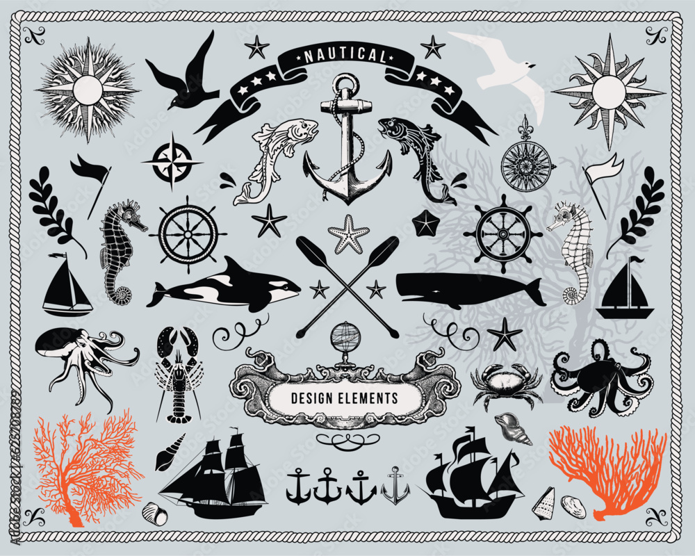 Nautical Clip Art - Set of nautical icons and design elements ...