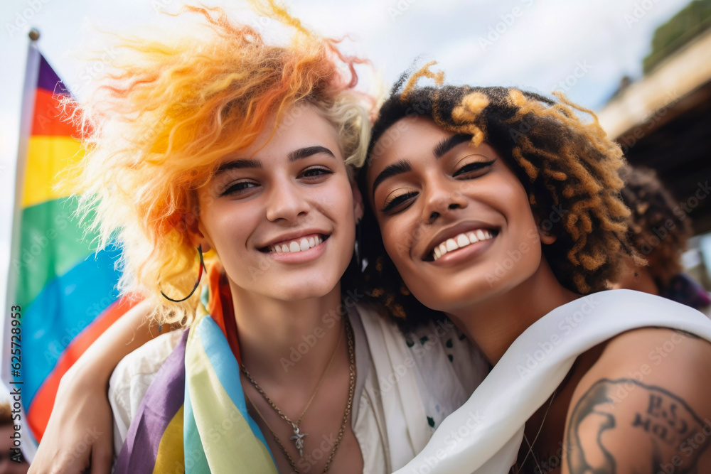LGBT pride portrait of two young woman at a pride march LGBTQ diversity ...