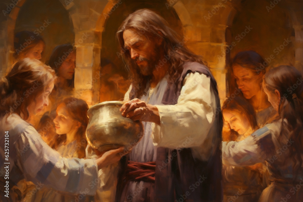 Jesus Christ turns water into wine. Religion Bible. History. During a ...