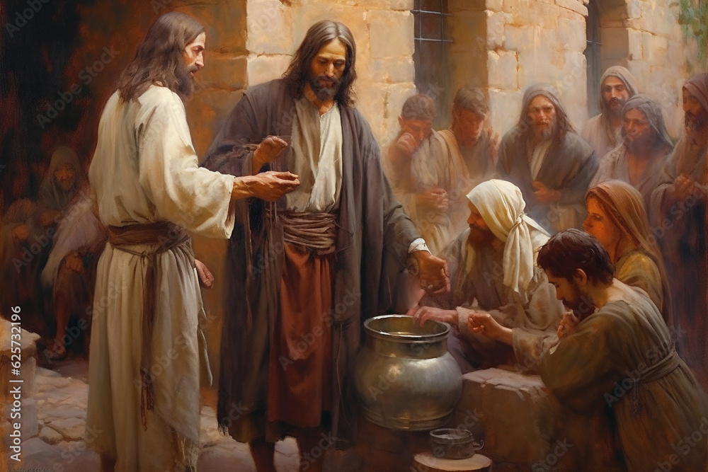 Jesus Christ turns water into wine. Religion Bible. History. During a ...